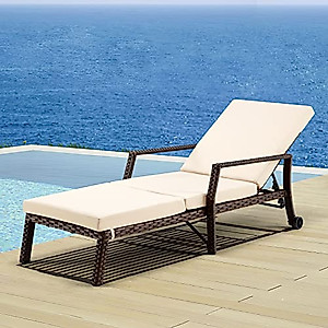 UPHYB Chaise Lounge Chair for Outside, Rattan Wicker Outdoor Lounge Chair, Adjustable Pool Lounge Chair with 2 Wheels & Thickened Cushion for Patio Poolside Deck (Khaki)