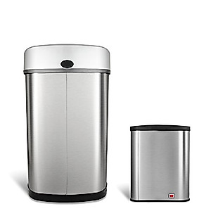 Ninestars AMZ-50-9/8-1 Automatic Touchless Motion Sensor Oval & Rectangular Trash Can Combo Set, 13 gal/2 gal, Stainless Steel