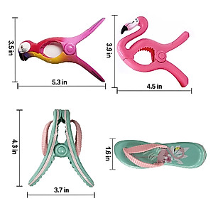6 Pieces Beach Towel Clips, Flip Flop Towel Holders, Flamingo Chair Clips, Parrot Clips, Clothes Pins in Prefect Size for Pool Loungers Blanket
