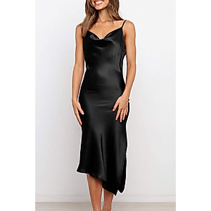 PRETTYGARDEN Women's Satin Dress Sleeveless Spaghetti Strap Side Slit Cowl Neck Midi Bodycon Dresses (Black,Large)