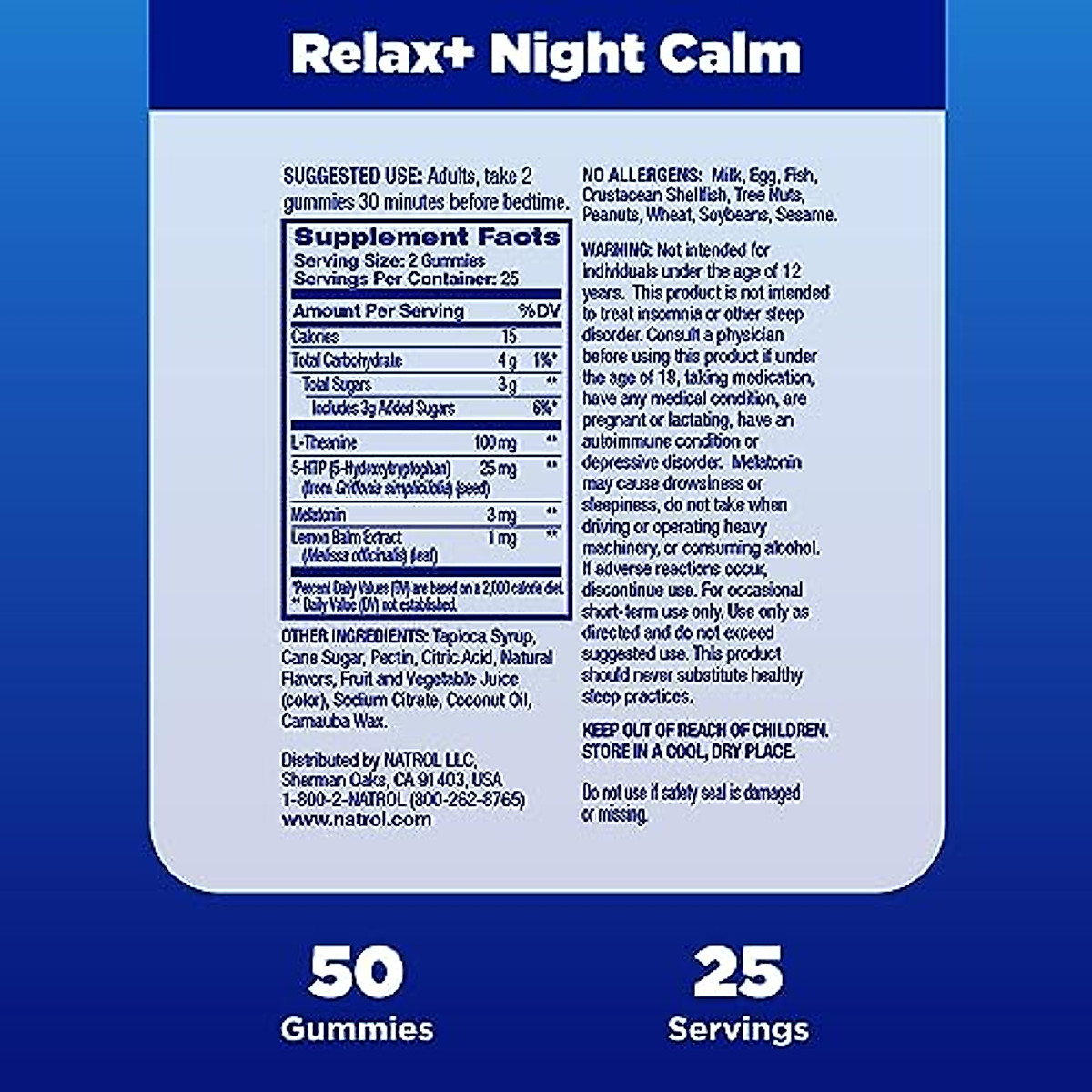 Natrol Mood+ Stress Relax+ Night Calm Gummies With L-Theanine, 5-HTP, Lemon Balm and Melatonin, Drug-Free Dietary Supplement for Nighttime Stress and Better Sleep, 50 Gummies, 25 Day Supply