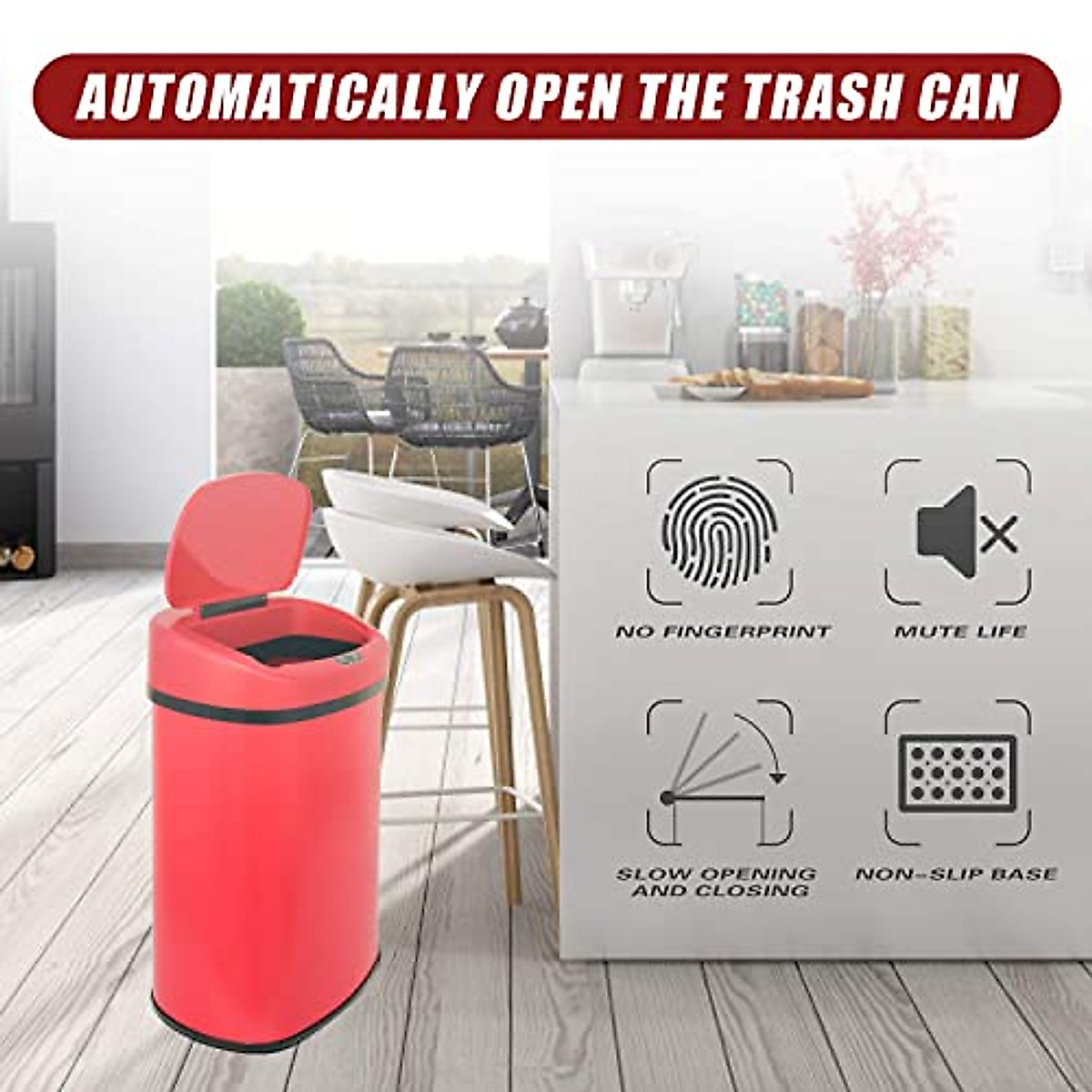Vnewone Kitchen Trash Can Garbage 13 Gallon Waste Bin for Home Office Bedroom Stainless Steel Automatic Touch Free High-Capacity, 50 Liter (Red)