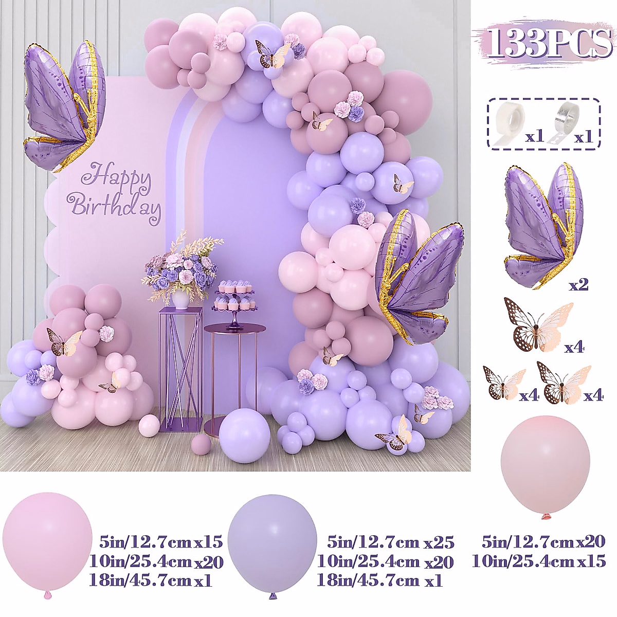 Purple Butterfly Balloon Arch Garland Kit 133pcs Pastel Purple Pink Balloons with 2pcs Butterfly Foil Balloons for Butterfly Birthday Party Decorations Baby Shower Decorations for Girls