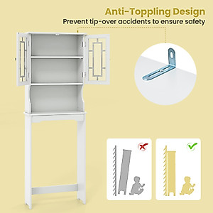 Tangkula Over The Toilet Storage Cabinet, Freestanding Over Toilet Storage Rack w/ 2 Tempered Glass Doors, Open Shelf, 3-Position Adjustable Shelf, Space-Saving Bathroom Organizer (White)