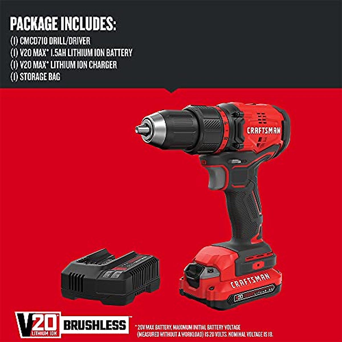 CRAFTSMAN V20* Cordless Drill/Driver Kit, Brushless (CMCD710C1) , Red , 1/2-in.