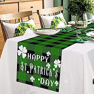 St Patricks Table Runner, Cozy Zestie Spring Green Shamrock Burlap Table Runners Holiday Day Decoration Kitchen Dining Buffalo Plaid Lucky Clover Table Runners for Home Party Decor 13 x 72 Inch