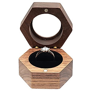 COSISO Hexagon Wooden Ring Gift Box Case for Proposal Engagement,Single Ring Holder Storage Box Jewelry Display (Black Inner)