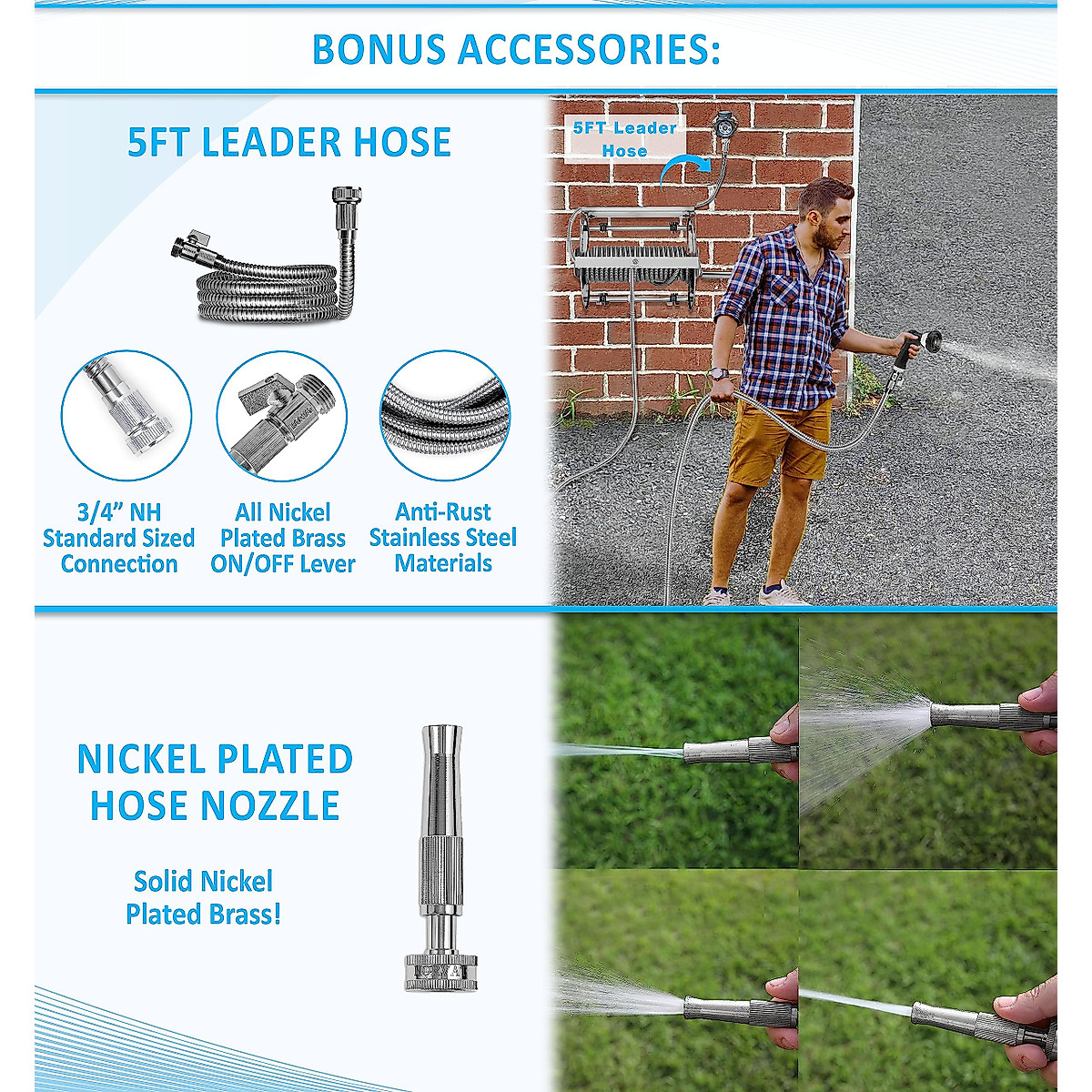 Morvat Stainless Steel Metal Water Hose Reel for 150FT Hose, Retractable Garden Hose Holder with Storage Shelf & Crank, Wall/Floor Mount, Includes 5Ft Leader Hose with ON/OFF Valve & Accessories