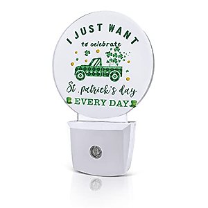 St. Patrick's Day Celebrate Night Lights Plug into Wall, Green Truck Shamrock Auto Round LED Lights with Dusk to Dawn Sensor for Bedroom, Bathroom, Hallway, Kitchen, Kids, Home Decor