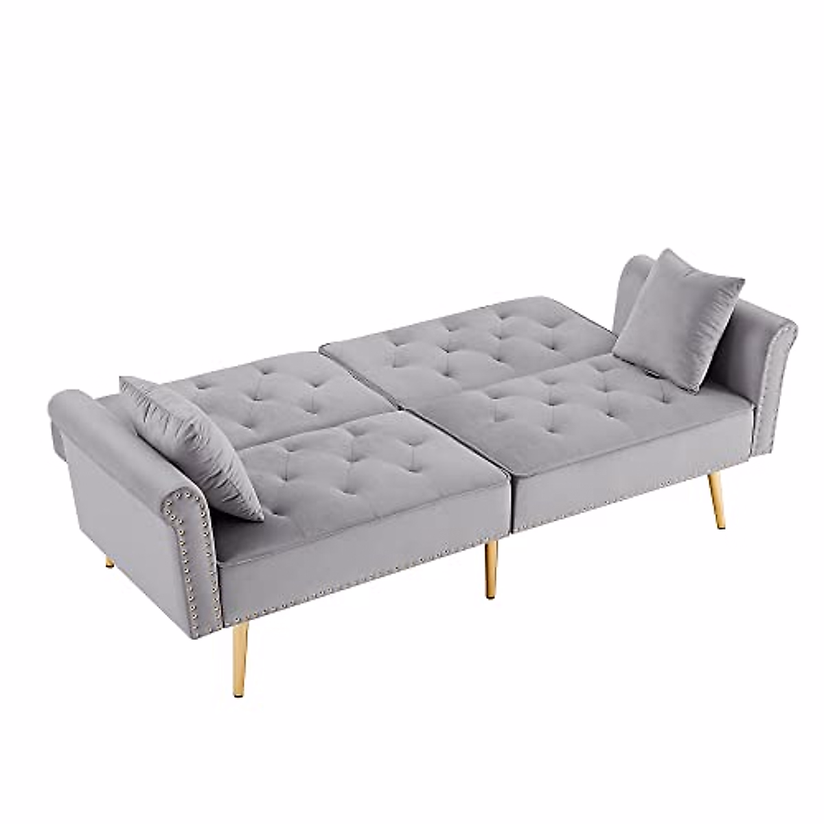Kakotito Tufted Velvet Sofa Bed Sleeper with 2 Pillows, Luxury Loveseat Couch, Splitback Futon for Living Room & Office, Convertible Futon with Vintage Nailhead Trim and Metal Legs (Gray)