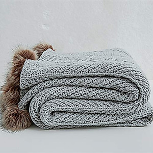 vctops Fur Pom Pom Knit Throw Blanket Super Soft Warm Cozy Cable Knitted Blanket for Sofa and Couch 51 x 63 Inch Light Grey