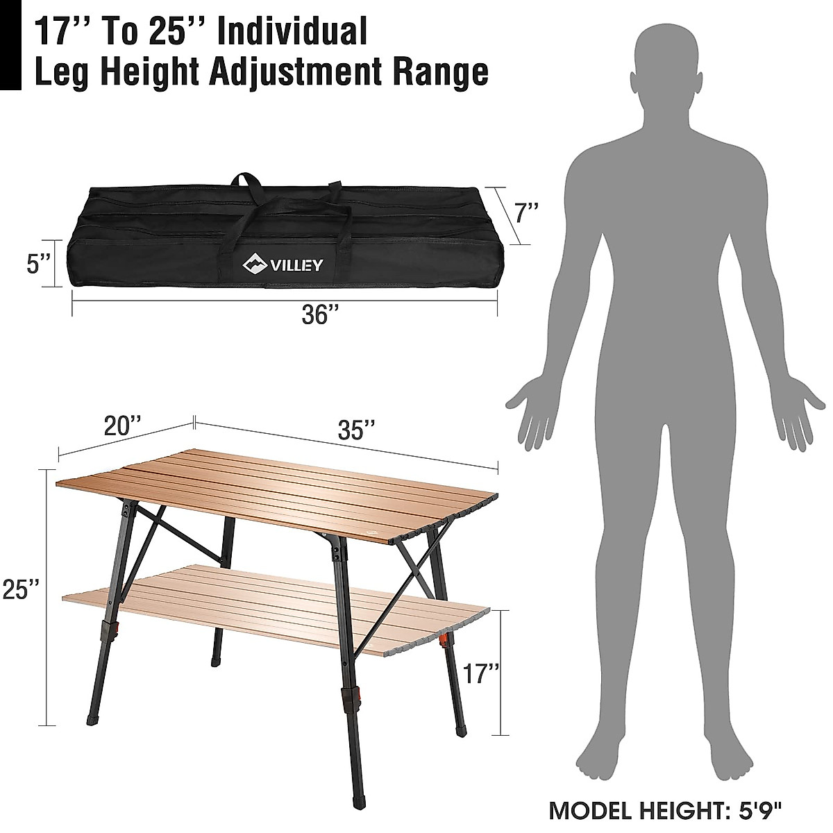 VILLEY Portable Camping Table with Adjustable Legs and Lightweight Backpacking Sleeping Bag with Compression Sack
