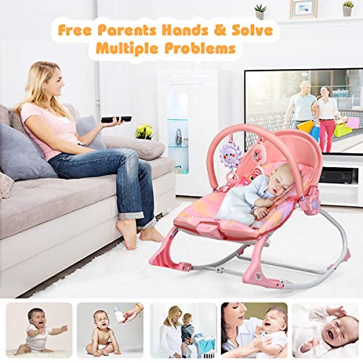 HONEY JOY Baby Rocker Chair, Newborn Bouncer Chair w/ Toy-Bar & Sound, Infant to Toddler Stationary Seating w/Fold-Out Kickstand, Vibration Calming & 3 Recline Positions, Bouncy Seat for Babies (Pink)