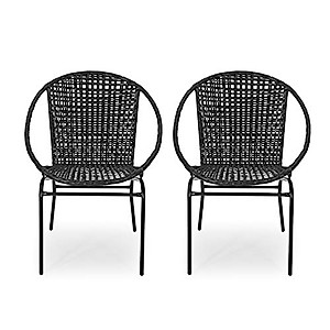 Jacqueline Outdoor Modern Faux Rattan Club Chair (Set of 2), Black