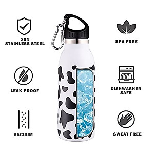 ZLINS Stainless Steel Vacuum Insulated 17oz Water Bottle Leak-Proof Carabiner Clip- Reusable Double Walled Metal Thermos - Sports Flask Great for Travel, Hiking, Camping - Cow Print