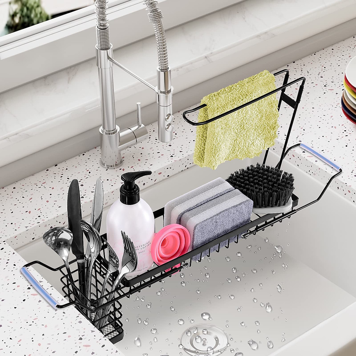 LOLOST Sink Caddy Sponge Holder, Expandable (16.7"-21.3") Kitchen Telescopic Sink Storage Rack , 4-in-1 Telescopic Sink Shelf with Dish Towels Drying Rack, Black