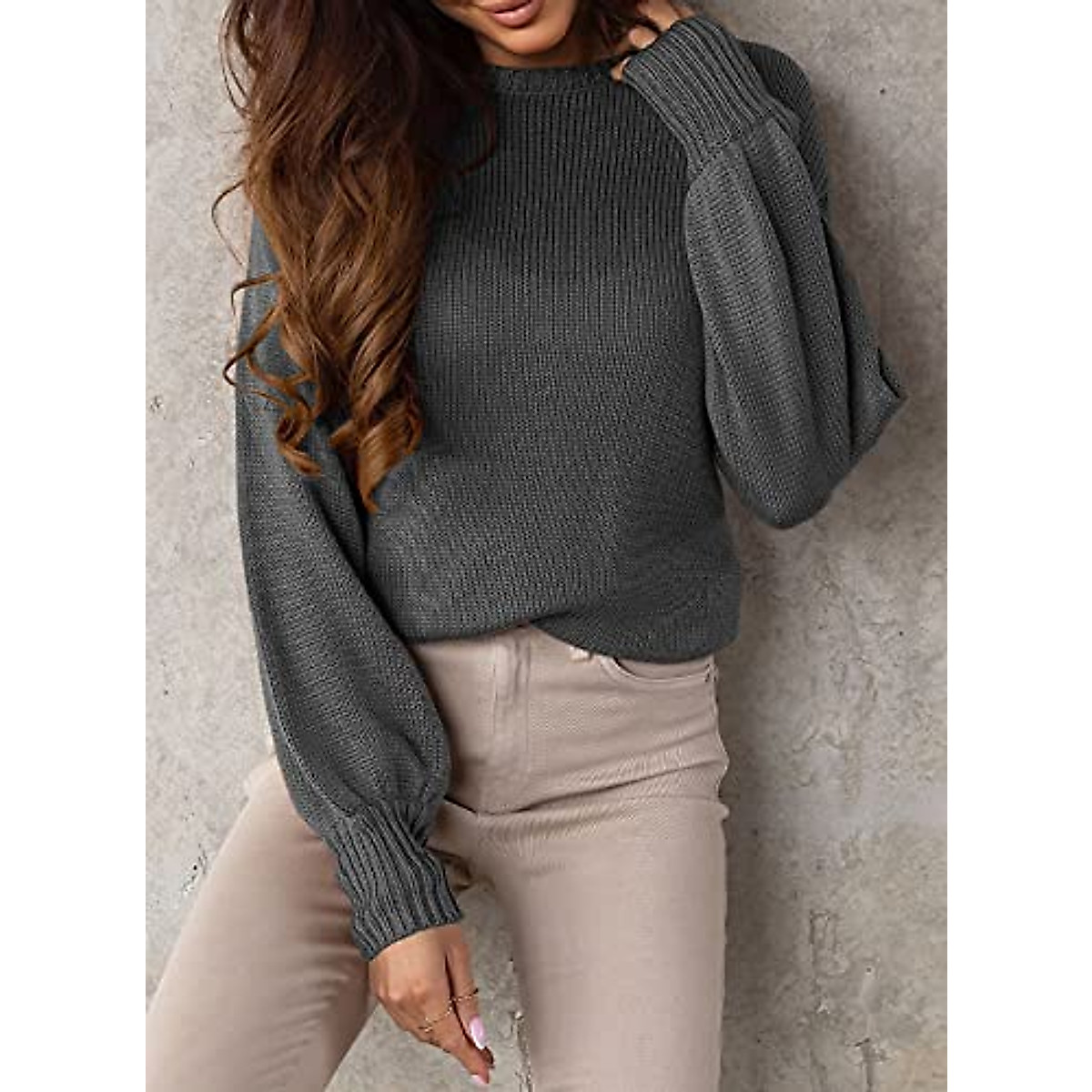 Dokotoo Crewneck Fall Sweaters for Women Long Sleeve Cut Out Backless Soft Tie Knot Knitted Pullover Casual Loose Gray Jumper Tops S