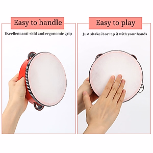 Dreokee 6 Inch Tambourine Red Wooden Handheld Tamborine with 4 Pair Metal Jingle Bells Percussion Instrument Musical Instrument Tambourines for Adults Party Education Church