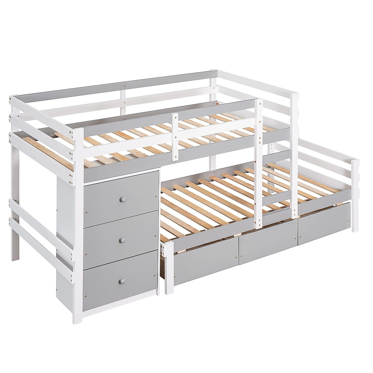 Low Loft Bed with Storage Drawers and Dresser, Wood Twin Over Twin Bunk Bed Frame for 2 Kids, Modern Junior Loft Beds with Storage and Platform Bed for Boys Girls Teens, Gray