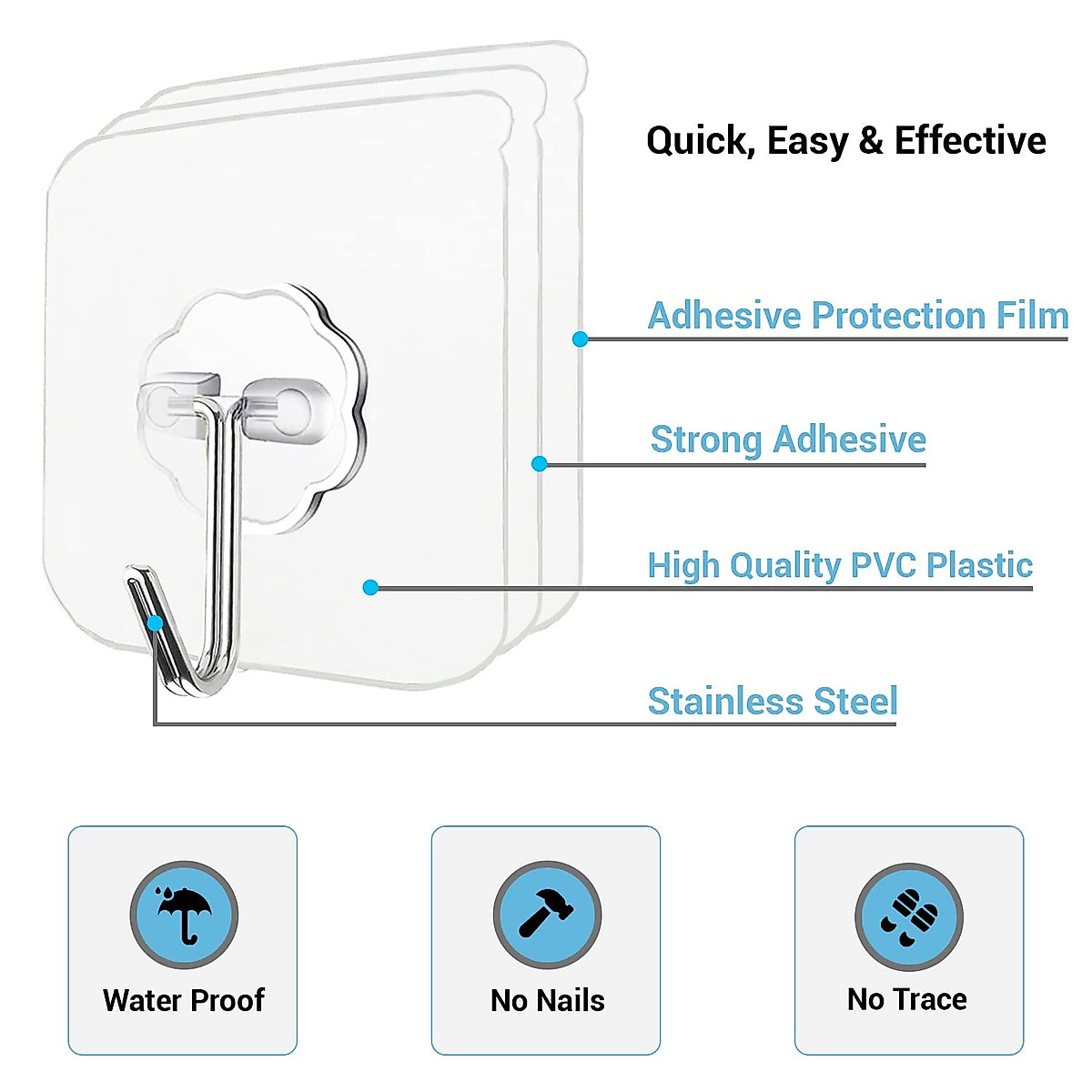 OutWest Wall Hooks 13lb(max) Transparent Heavy Duty Self Adhesive Hook Waterproof Sticky Wall Hook for use in Bathroom Wall Hanging Kitchen Shower Hangers Utility Home Improvement 24 Pack