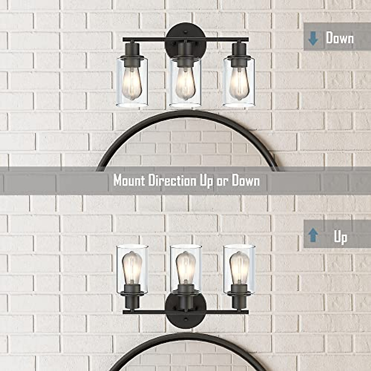 3-Light Modern Vanity Light Fixture, Matte Black Bathroom Wall Lights Over Mirror, Contemporary Minimalist Wall Sconces with Clear Glass Shade, Bath Room Mount Lamp for Bedroom, Living Room, Hallway