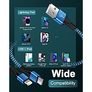 Apple Lightning & USB-c 2-in-1 Charging Cable (4 Feet), USB to Lightning & USB to Usbc Long Fast Charger Cord for iPhone 15 Plus 14 13 12 11 Pro/max I iPad Pro/air/Mini, Samsung Galaxy, Google Pixel