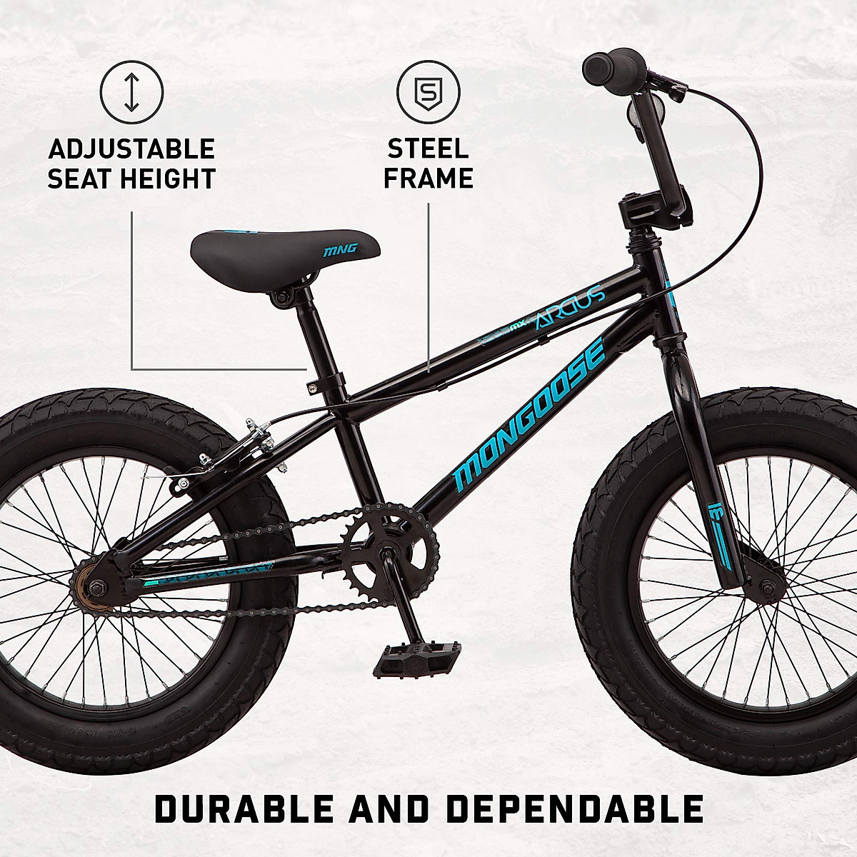 Mongoose Argus MX Kids Fat Tire Mountain Bike, 16-Inch Wheels, 3-Inch Wide Tires, High-Ten Steel Frame, Single Speed, Black