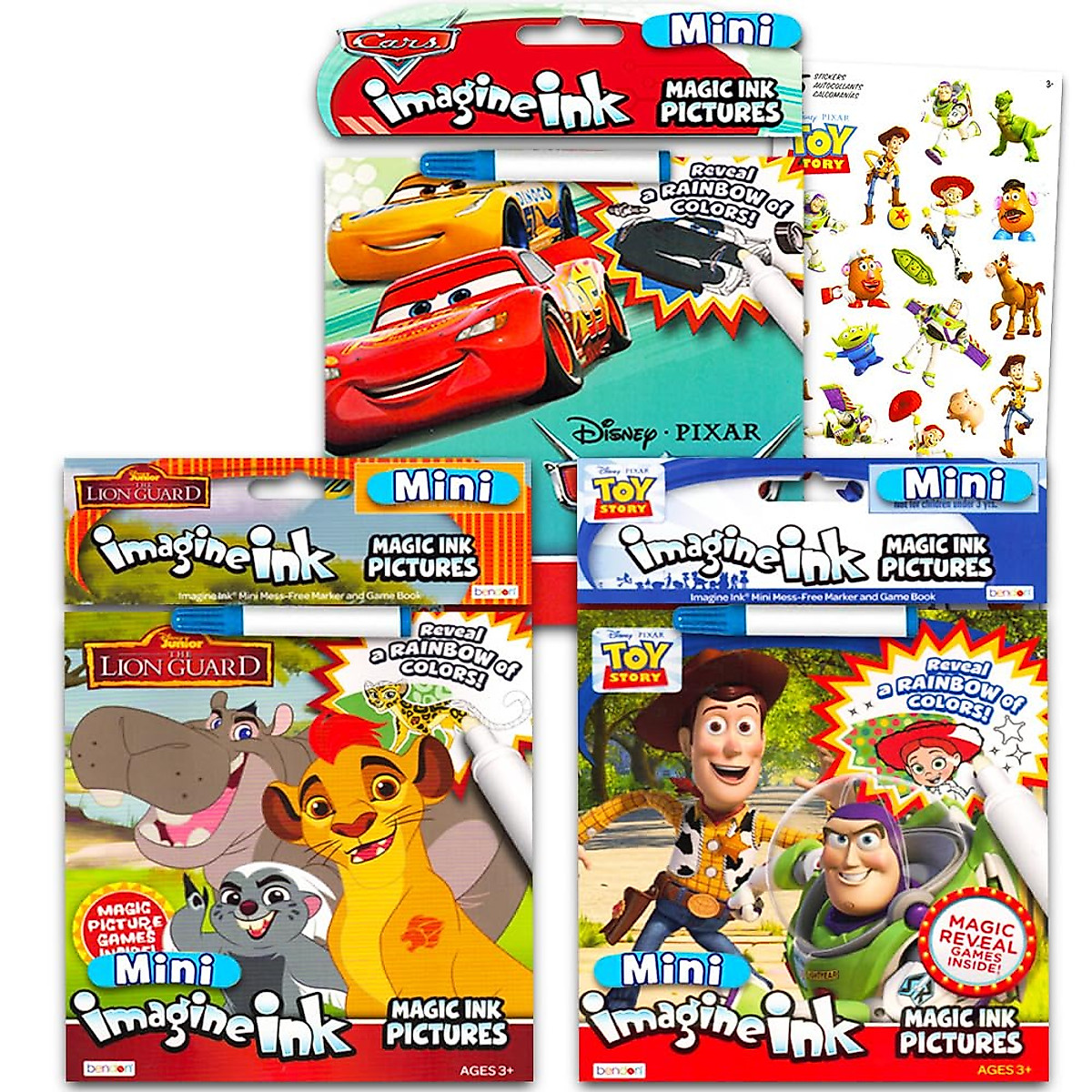 Disney Pixar Magic Ink Coloring Book Super Set - 3 Imagine Ink Books Featuring Toy Story, Lion Guard, Disney Cars with Invisible Ink Pens and Stickers