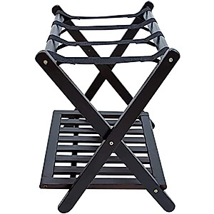 MYOYAY Folding Luggage Rack Bamboo Wood Collapsible Suitcase Stand with Shelf Portable Luggage Holder Ideal for Guest Room Bedroom Hotel, Black