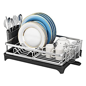 Dish Drying Rack, Aluminum Alloy Dish Racks for Kitchen Counter, Multifunctional Compact Auto-Drain Dish Drainers with a Cutlery Holder, Drying Rack for Dishes, Knives, Spoons, and Forks