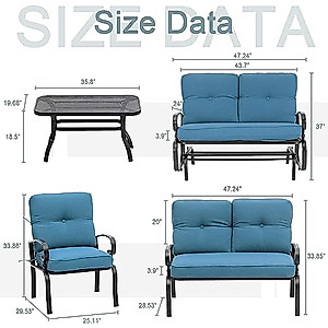Oakcloud 5-Piece Outdoor Metal Furniture Sets Patio Conversation Set Wrought Iron Glider, 2 Single Chairs, Loveseat and Coffee Table, Peacock Blue