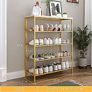 IOTXT Metal Shoe Rack, 5-Tier Shoe Storage Unit Flat, Shoe Organizer Shelf with 4 Metal Mesh Shelves and MDF Wooden Top Board for Entryway, Hallway, Closet, Living Room, Bedroom, Industrial, Gold