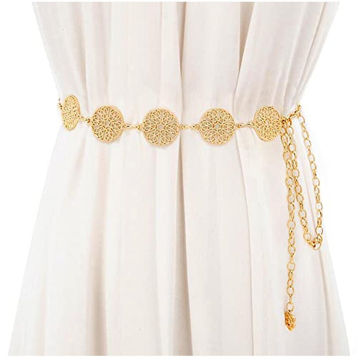 Glamorstar Chain Belts for Women Hollow Metal Waist Chain Belts Dress Belt for Her Circle Gold 130CM