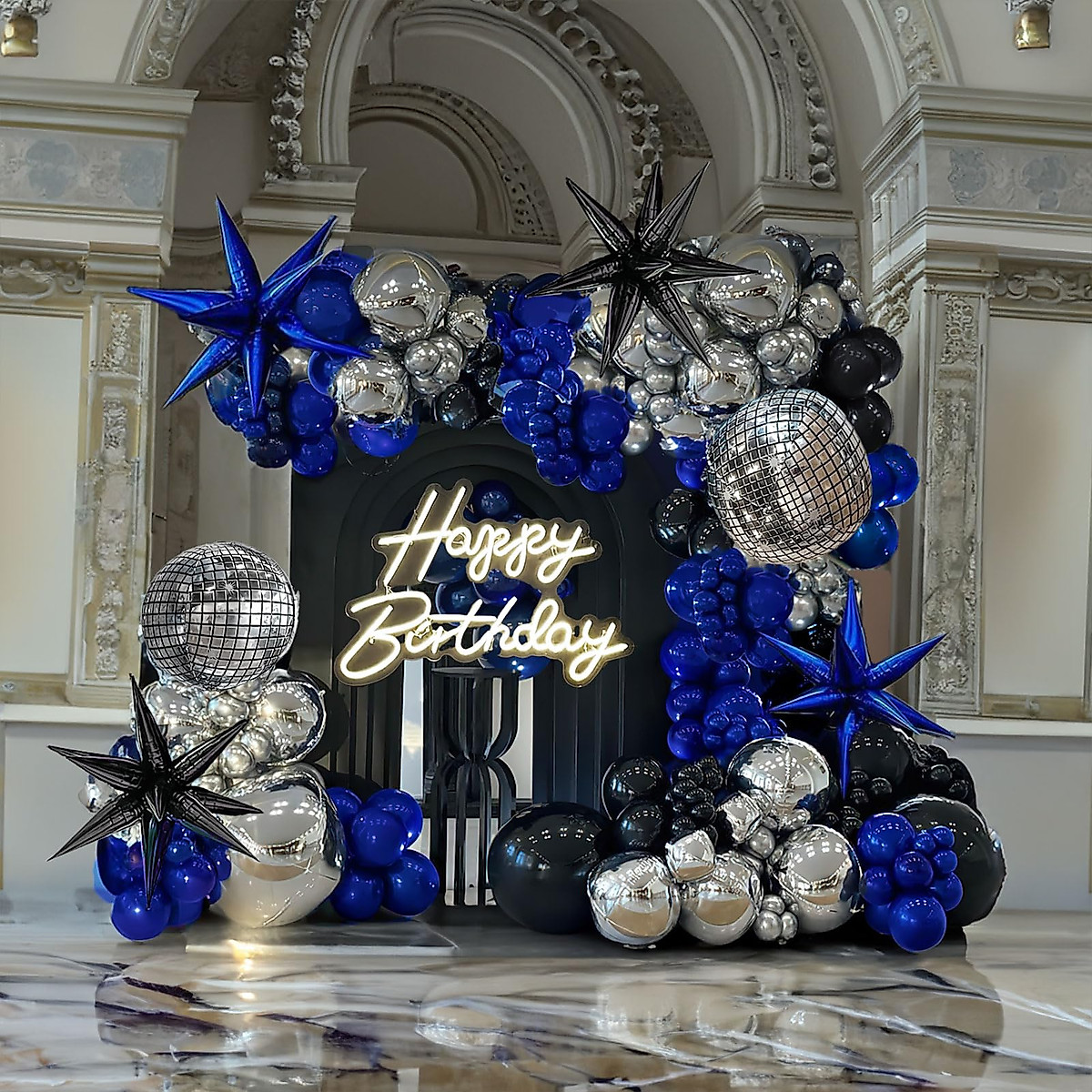 yeewaka royal blue and black silver disco balloon garland arch kit 170+pcs with 4D disco ball diy Star balloons mylar balloon for Birthday graduations Prom disco party decorations