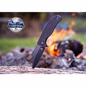 Off-Grid Knives - Caiman XL Folding Knife w. Bowie Blade, Sandvik 14C28N Steel, G10 Scales, Deep Carry Clip