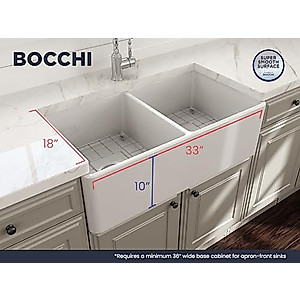 BOCCHI Classico Farmhouse Apron Front Fireclay 33 in. Double Bowl Kitchen Sink with Protective Bottom Grid and Strainer in White