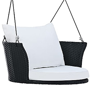 33.8'' Outdoor PE Rattan Swing Chair Hammock Chair, Single Person Hanging Seat Rattan Woven Swing Chair, Porch Swing with Adjustable Ropes and Cushion (Black White-1)