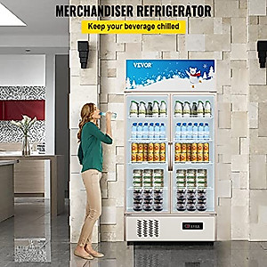 VEVOR Commercial Refrigerator,Display Fridge Upright Beverage Cooler, Glass Door with LED Light for Home, Store, Gym or Office, (23 cu.ft. Double Swing Door)