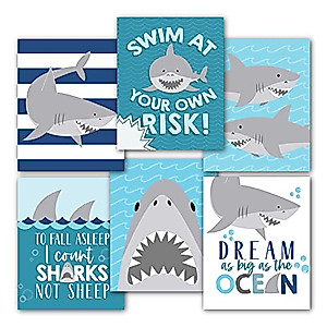 6 Reversible 8x10 Shark Wall Art Prints, Shark Decor For Boys Room, Shark Party Decorations For Wall Art Prints, Shark Bathroom Decor, Ocean Wall Decor For Room Decor For Boys, Under The Sea Decor