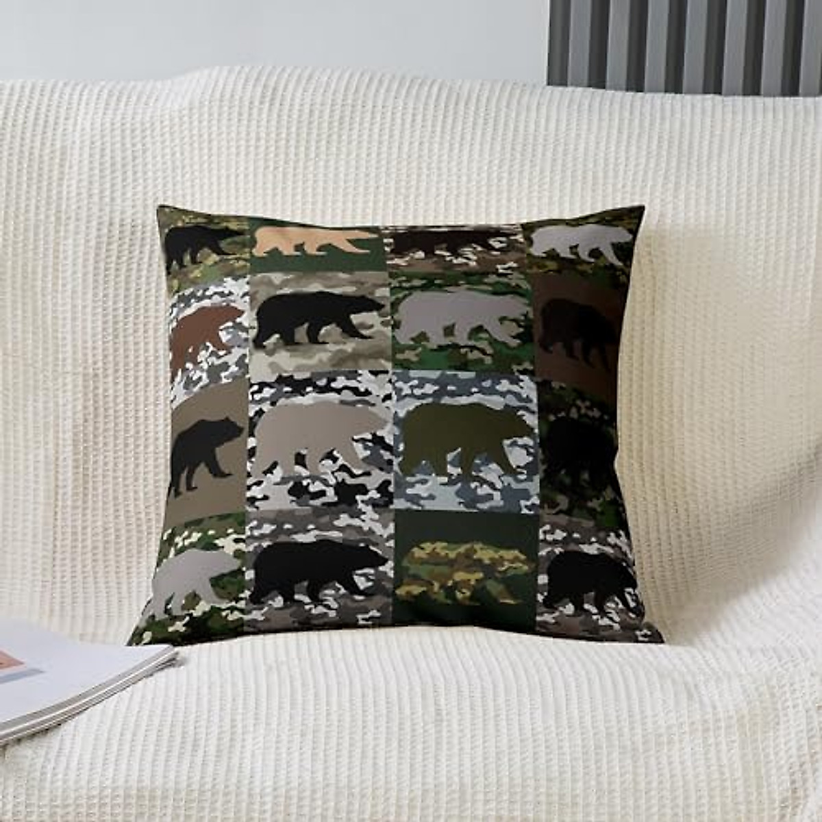 Bear Pillow Cover,Camouflage Plaid Print Double Sides Print Pillowcase Soft Square Cushion Case,Wildlife Animal Hunting Camo Print Throw Pillow Cover,2 Pack 16"x16"