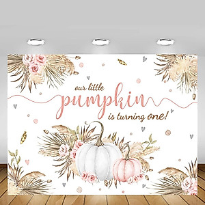 MEHOFOND 7x5ft Fall Pumpkin 1st Birthday Backdrop Boho Pink Floral Our Little Pumpkin is Turning One Banner Fall Autumn First Birthday Photography Background Cake Table Smash Photo Props