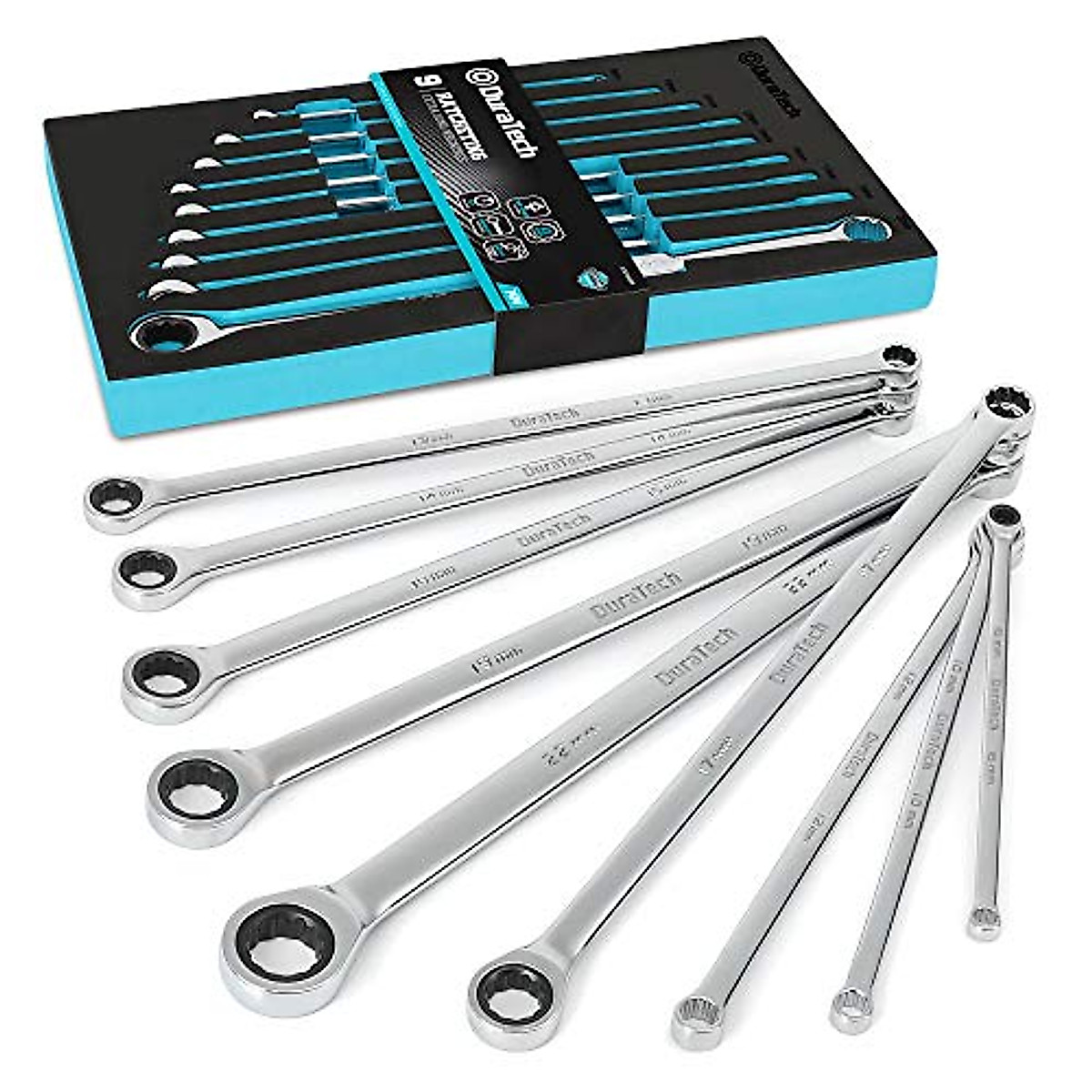 DURATECH Extra Long Ratcheting Wrench Set, Combination Wrench Set, Metric, 9-Piece, 8,10,12,13,14,16,17,19,22mm, CR-V Steel, with EVA Foam Tool Organizer