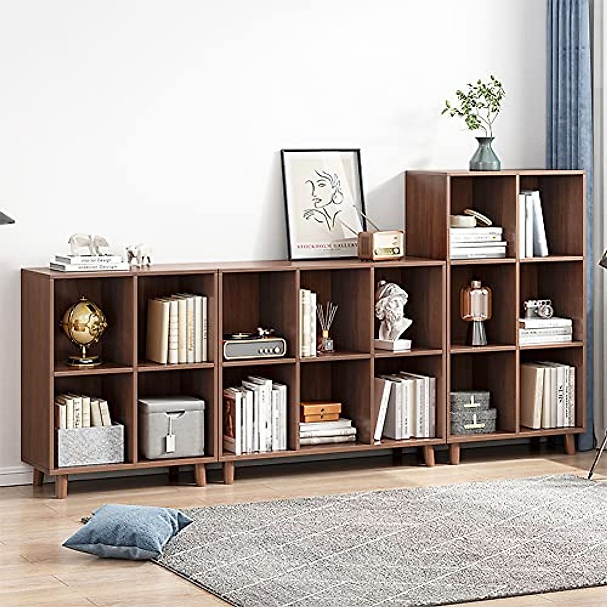 IOTXY Freestanding Open Cubes Bookcase - 2-Tier Floor Standing Wooden Storage Display Cabinet Organizer with Legs for Home Office, 6-Cubes Open Shelf Low Short Bookshelf, Walnut