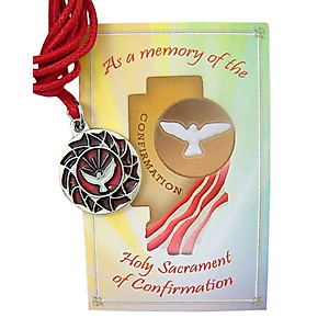 Religious Jewelry Silver Tone Red Enameled Holy Spirit Dove Confirmation Pendant on Red Cord, 3/4 Inch