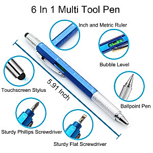Ankaful Multi Tool Pen with Gift Box, 6 in 1 Multifunctional Gadget Pen with Stylus, Flat and Phillips Screwdriver Bit, Ruler, Level Gauge, Ballpoint Pen Unique Gifts for Men Dad(2 PCS-Red&Blue)