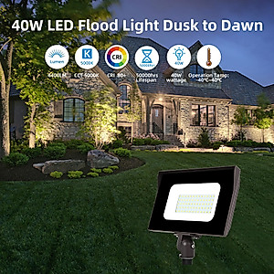 Tesoorda LED Flood Lights Outdoor, 40W LED Flood Light with Knuckle, 4400LM IP65 LED Security Light with Dusk to Dawn Photocell, 5000K Portable Outdoor Floodlights for Yard, Garden, Playground