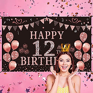 Trgowaul Happy 12th Birthday Decorations for Girls - Pink Rose Gold 12 Birthday Backdrop Banner，Twelve Years Old Birthday Party Supply Photography Background Birthday Sign Poster Decor Gift Daughter
