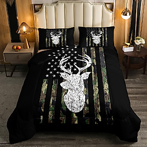 American Flag Comforter Set,Deer Hunting Down Comforter Army Green Military Camo Bedding Set Full For Boys Teens Kids Man,Western Farmhouse Stars Stripes Bedding Quilt Set Bedroom Decor 3 Pcs