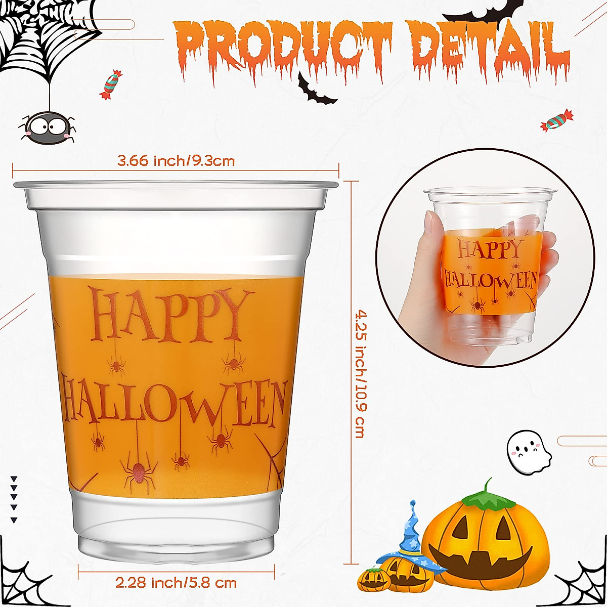 12 Oz Bulk Plastic Halloween Party Cups Clear Disposable Cups Printed Happy Halloween with Spider and Cobweb Disposable Plastic Party Cups Tableware for kids Adults Halloween Party Supplies(36 Pack)