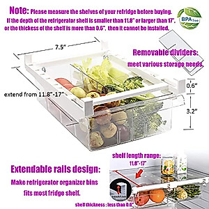 2 Pack Fridge Drawer Organizer, Refrigerator Storage Bins Box, 12" Length, Refrigerator Pull out Under Shelf Holder Vegetable Veggies Fruit Container